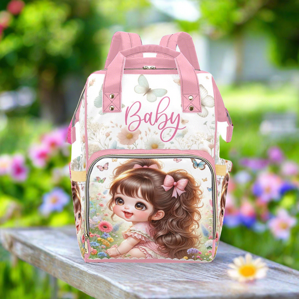 Baby Girl Pink Bows Meadow and Butterflies Diaper Bag Backpack – TJtoddles