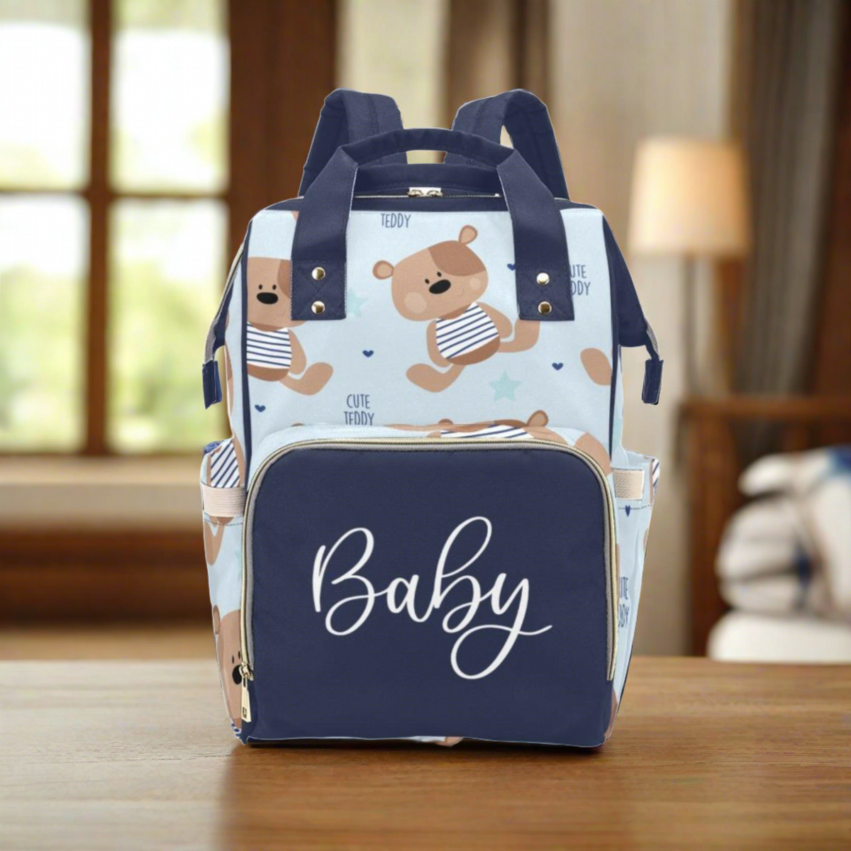 Diaper Bag Backpack | Adorable Teddy Bear - Dark And Light Blue Waterp ...